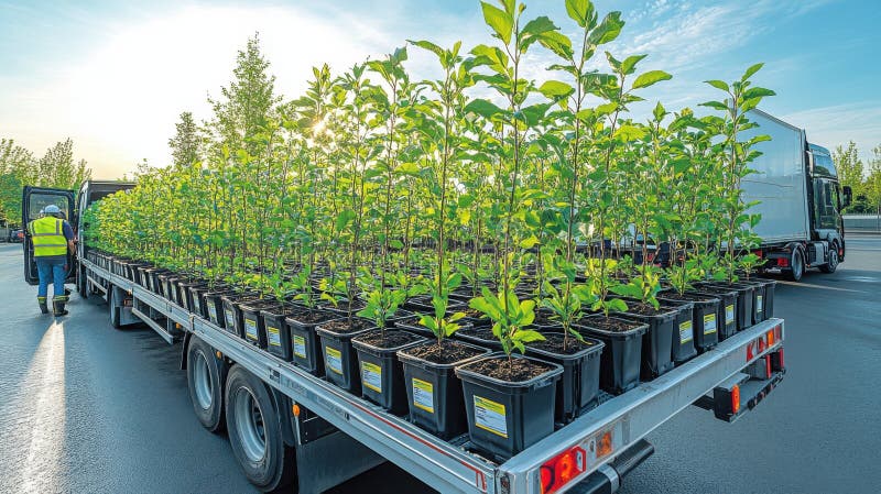 Worker Loading Numerous Saplings Onto a Flatbed Truck for ...