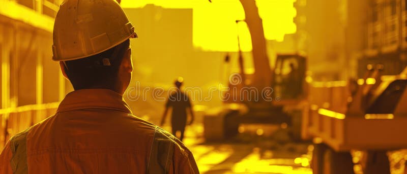 Worker Looking at a Man Walking Behind Construction Machinery and ...