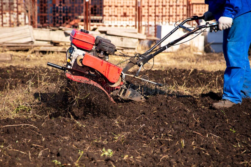 Worker with a Machine Cultivator Digs the Soil in the Garden Stock ...