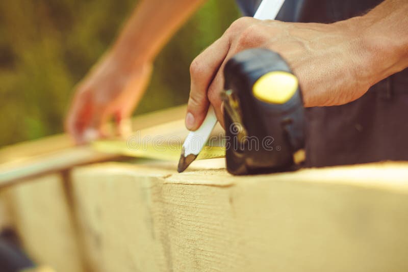 The Worker Makes Measurements with a Tape Measure Stock Photo - Image ...