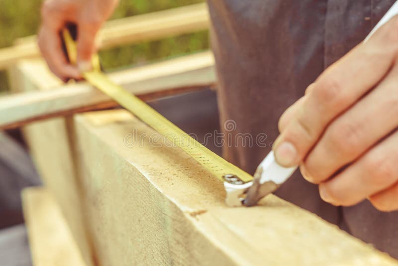 The Worker Makes Measurements with a Tape Measure Stock Photo - Image ...