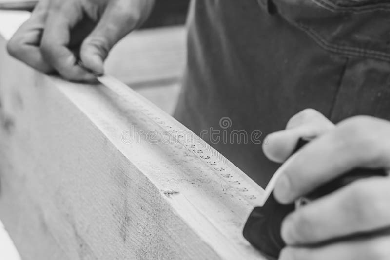 The Worker Makes Measurements with a Tape Measure Stock Image - Image ...