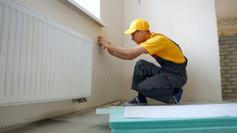 Worker Making Apartment Renovation by Project. Stock Image - Image of ...