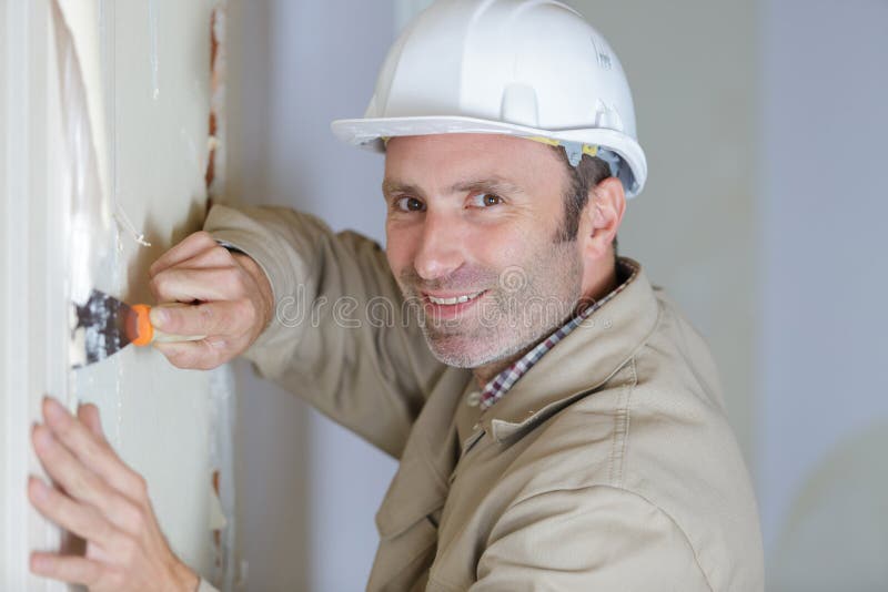 Worker Making Repair in Room Stock Image - Image of bucket, plastic ...