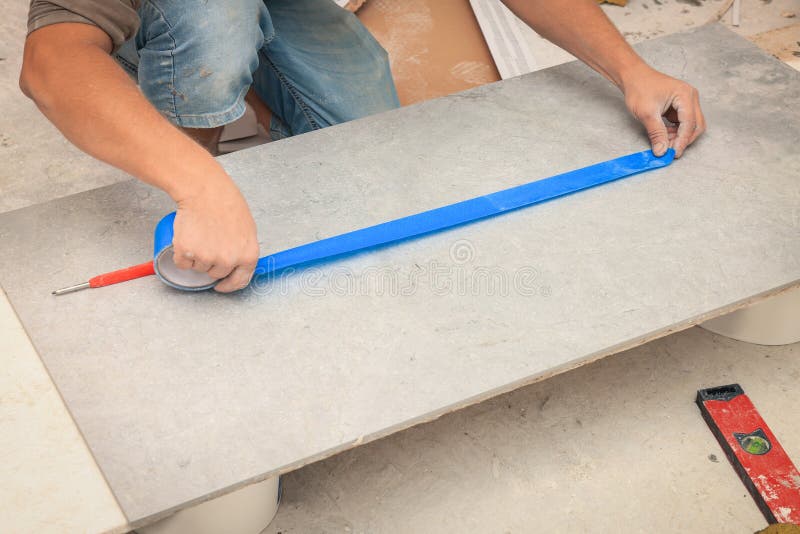 Worker Making Socket Hole in Tile Indoors, Closeup Stock Photo - Image ...