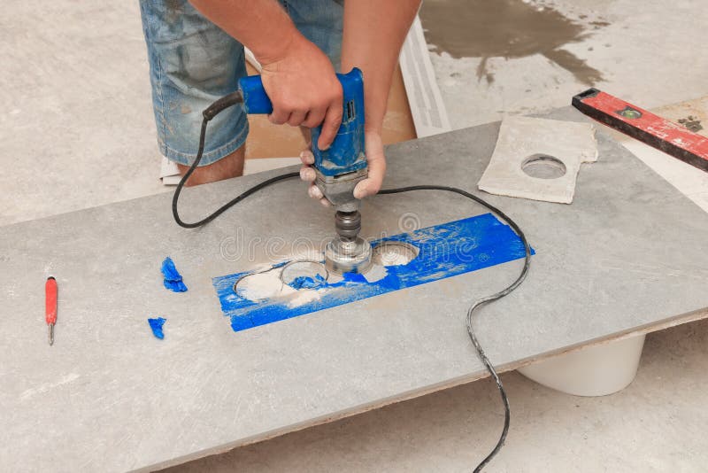 Worker Making Socket Hole in Tile Indoors, Closeup Stock Image - Image ...