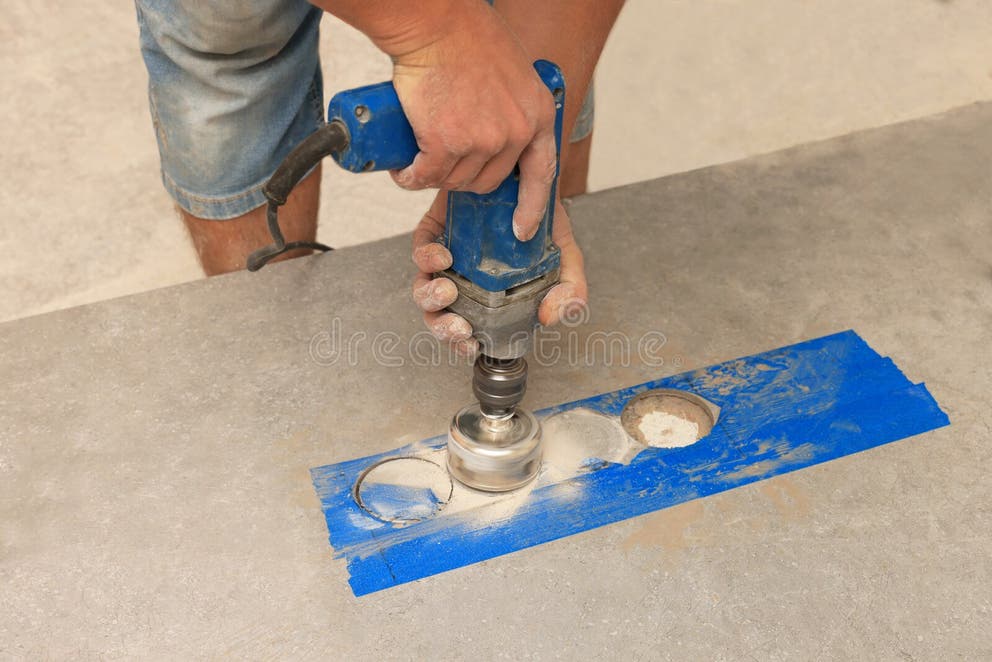 Worker Making Socket Hole in Tile Indoors, Closeup Stock Photo - Image ...