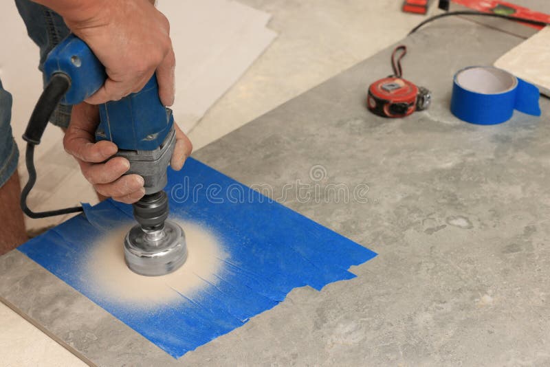 Worker Making Socket Hole in Tile Indoors, Closeup Stock Photo - Image ...