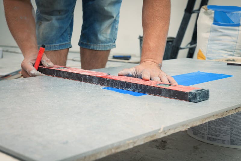 Worker Making Socket Hole in Tile Indoors, Closeup Stock Image - Image ...