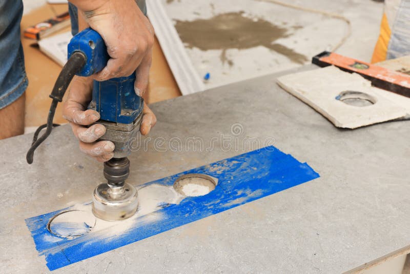 Worker Making Socket Hole in Tile Indoors, Closeup Stock Image - Image ...