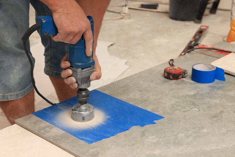 Worker Making Socket Hole in Tile Indoors, Closeup Stock Image - Image ...