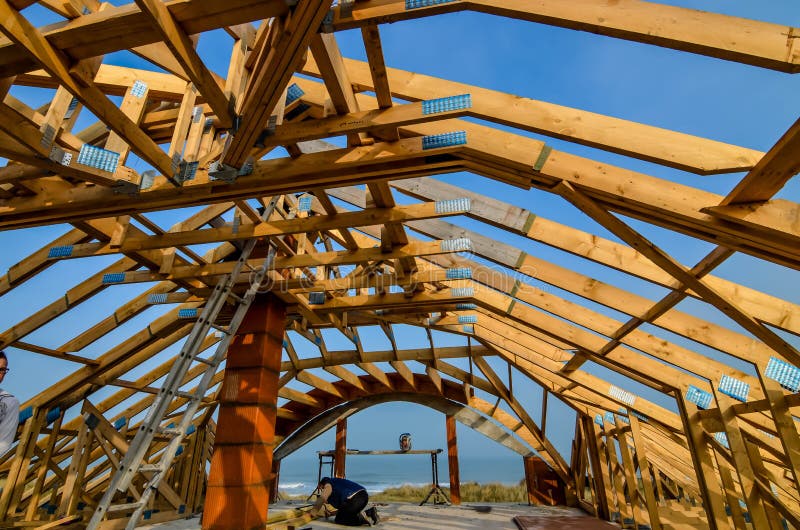 Worker Making Wooden Frame of Detached House Stock Image - Image of ...