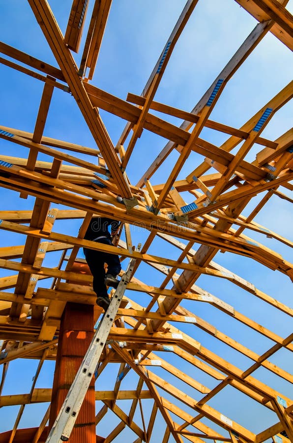 Worker Making Wooden Frame of Detached House Stock Image - Image of ...