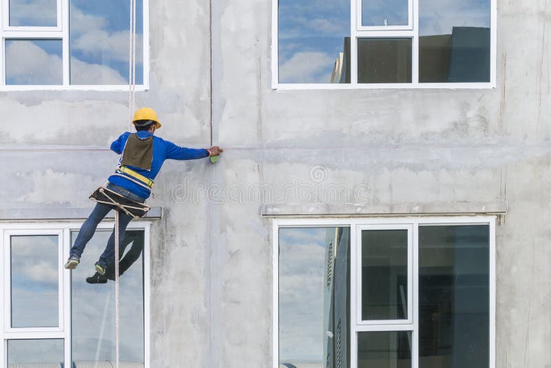 The Worker Man Abseiling with Rope on Construction Site Editorial Stock ...