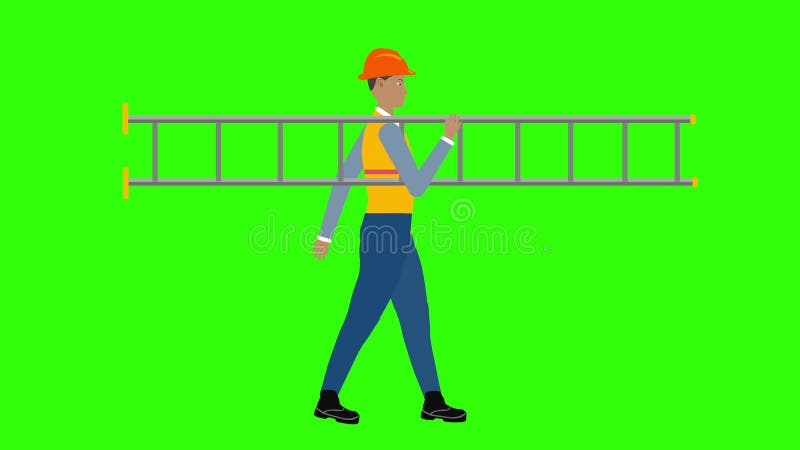 Worker Man Character Worker Walking with Ladder on the Shoulder ...
