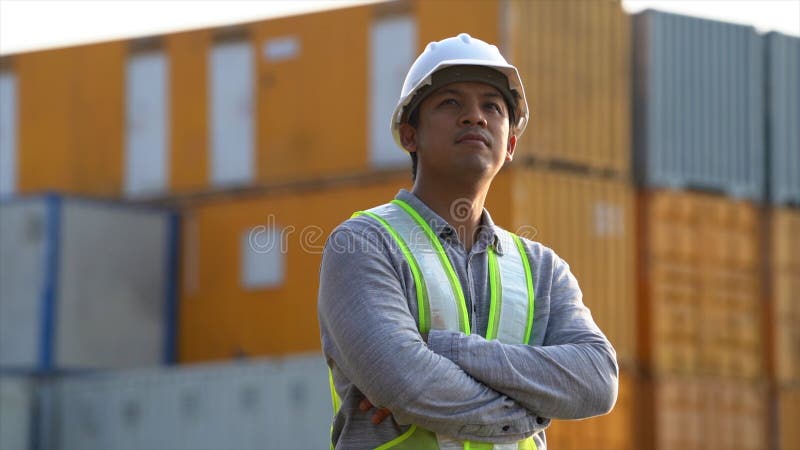 Worker Man Checking and Control Loading Containers Box from Cargo Stock ...