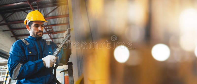 Worker Man Checking and Using Wrench for Maintenance Metal Machine at ...