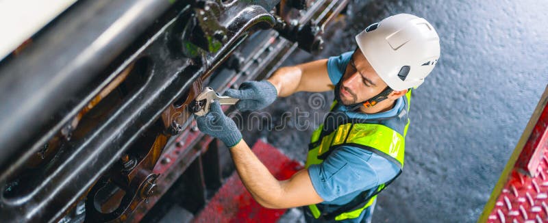 Worker Man Checking and Using Wrench for Maintenance Metal Machine at ...