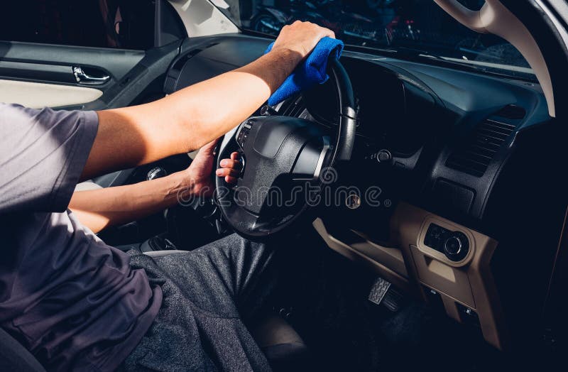 Worker Man Cleaning Dust Interior By Cloth Microfiber Inside Car Stock ...