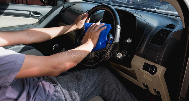 Worker Man Cleaning Dust Interior by Cloth Microfiber Inside Car Stock ...