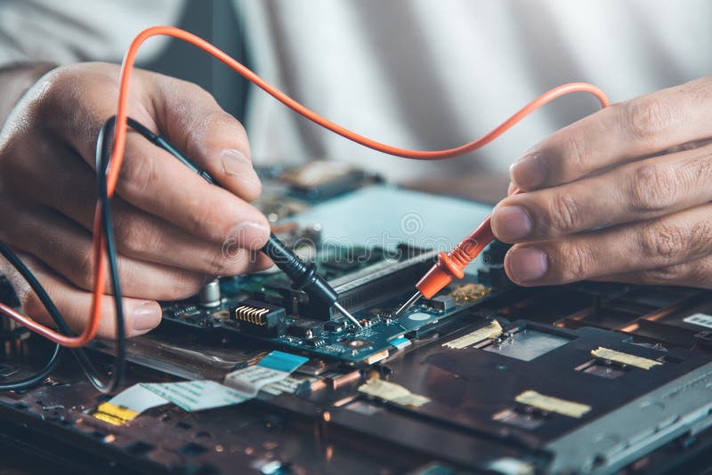Worker Man Hand Tester with Computer. Stock Photo - Image of technology ...
