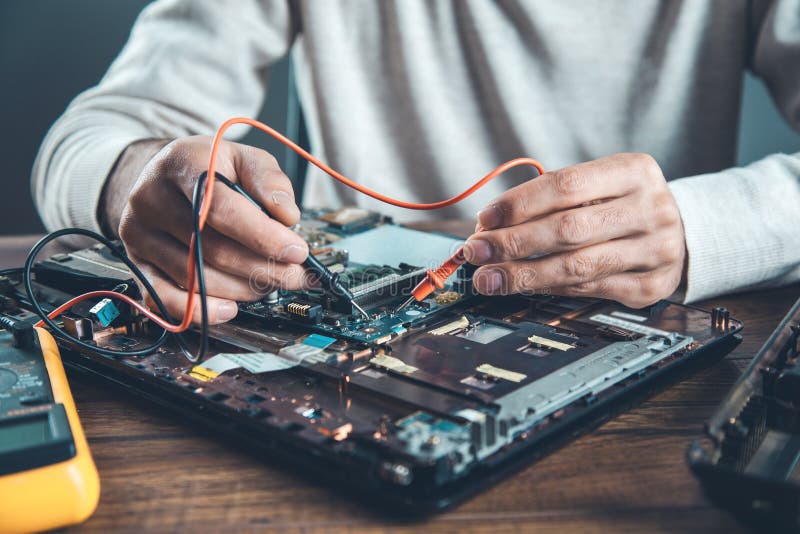 Worker Man Hand Tester with Computer. Stock Photo - Image of electrical ...