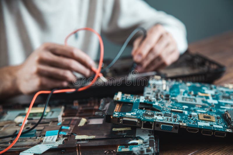 Worker Man Hand Tester with Computer. Stock Image - Image of engineer ...