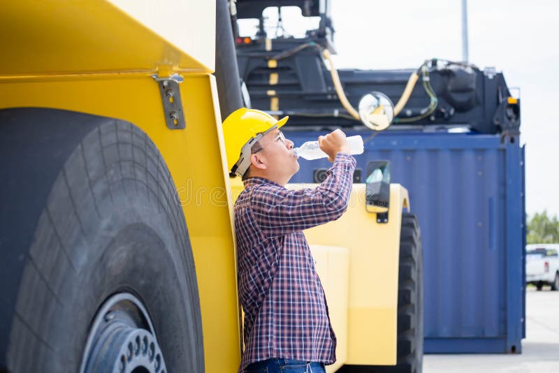 Worker Man in Hard Hat Drinking Water at Containers Cargo Stock Image ...