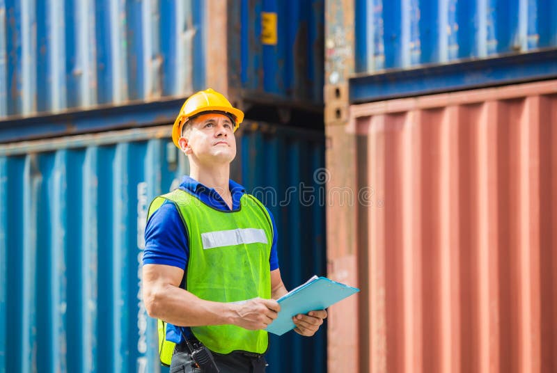 Worker Man Holding Clipboard Checklist and Checking Containers Box from ...