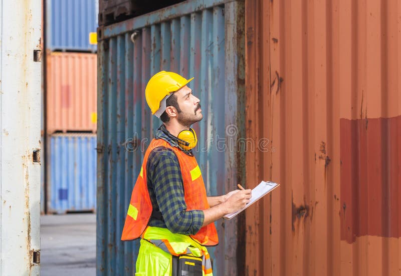 Worker Man Holding Clipboard Checklist and Checking Containers Box from ...