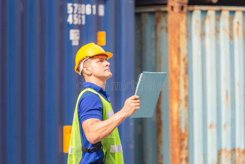 Worker Man Holding Clipboard Checklist and Checking Containers Box from ...