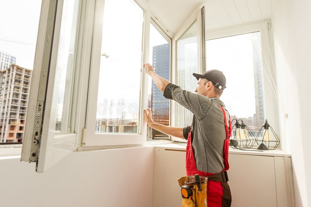 Worker Man Installs Plastic Windows and Doors with Double-glazed White. Stock Photo - Image of ...