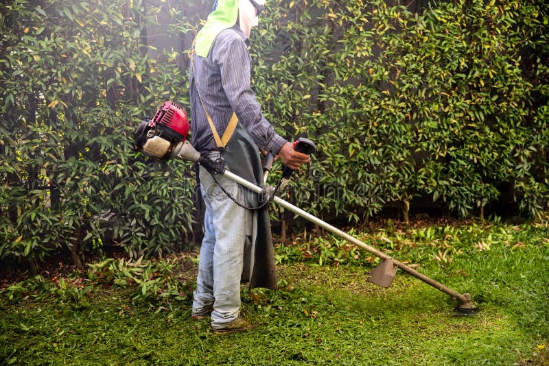 Worker Man Mows the Lawn Grass with a Lawn Mower Stock Photo - Image of ...