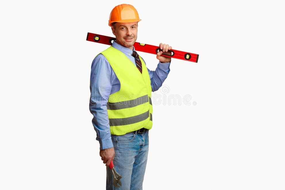 Worker Man Posing with Builder S Level Standing in Studio Stock Photo ...