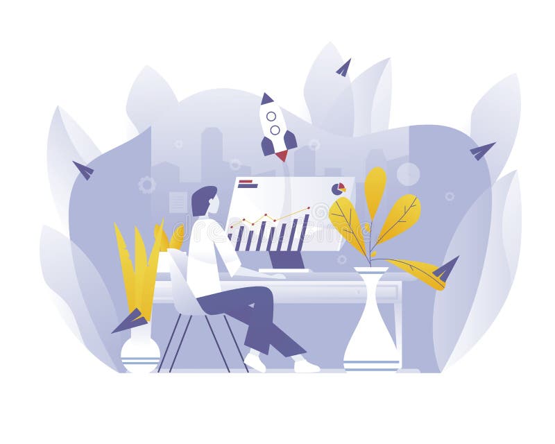 Worker Man Using Computer. Seo. Vector Picture Stock Vector ...