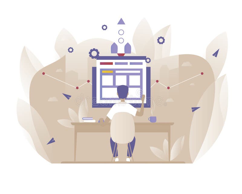 Worker Man Using Computer. Seo. Vector Picture Stock Vector ...