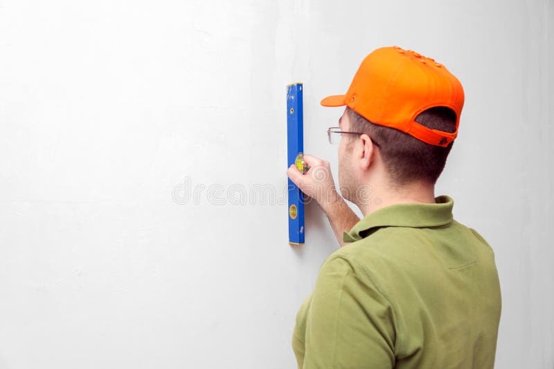 Worker Man Using Spirit Level Stock Photo - Image of profession, level ...