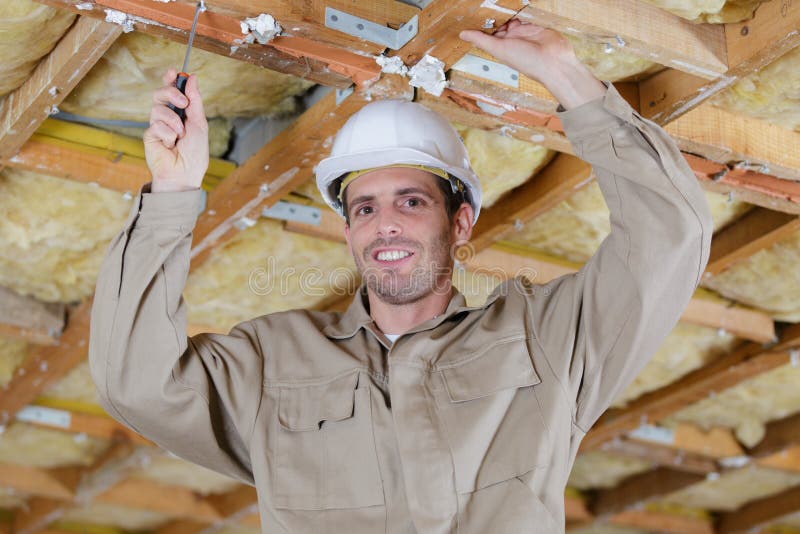 Worker Man Working on Ceiling Stock Image - Image of fixing, lamp ...