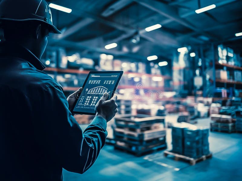 Worker Manages Warehouse with Digital Tablet in High-Tech Industrial ...