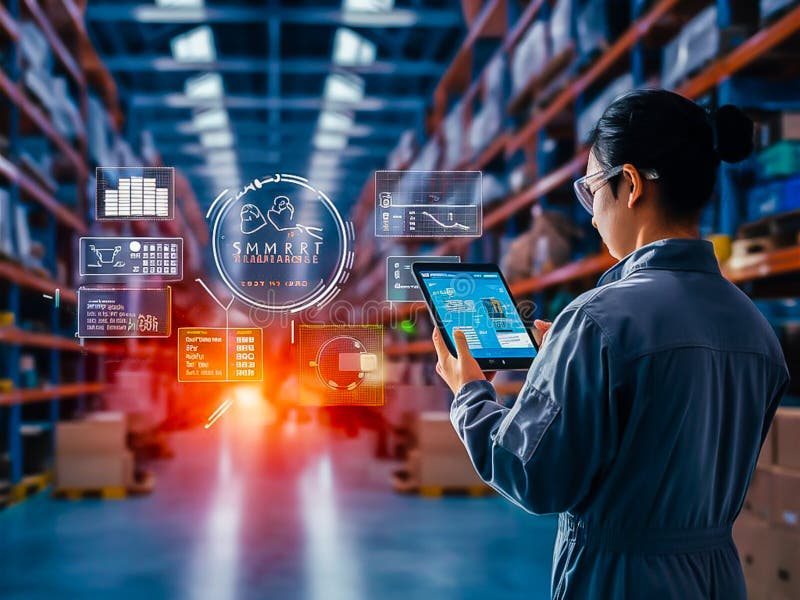 Worker Manages Warehouse with Digital Tablet in High-Tech Industrial ...