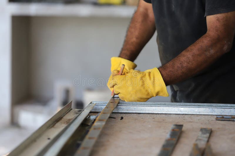 Worker Marking Metal for Construction Stock Image - Image of furniture ...