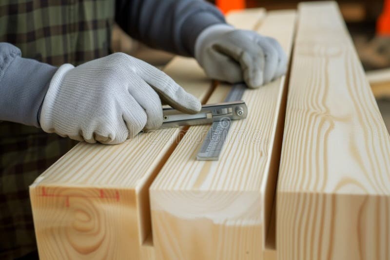 Worker Measuring the Thickness of Wooden Boards with a Caliper Stock ...