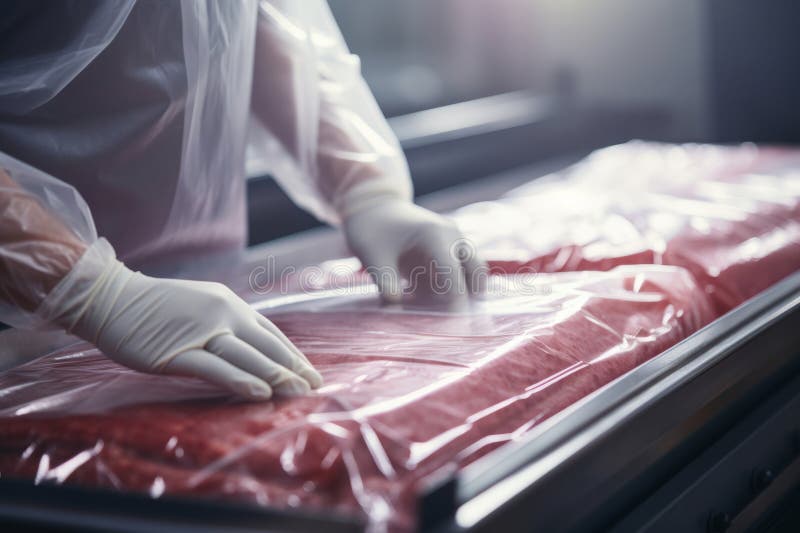 Worker at the Meat Factory Pack the Meat into the Plastic Foil ...