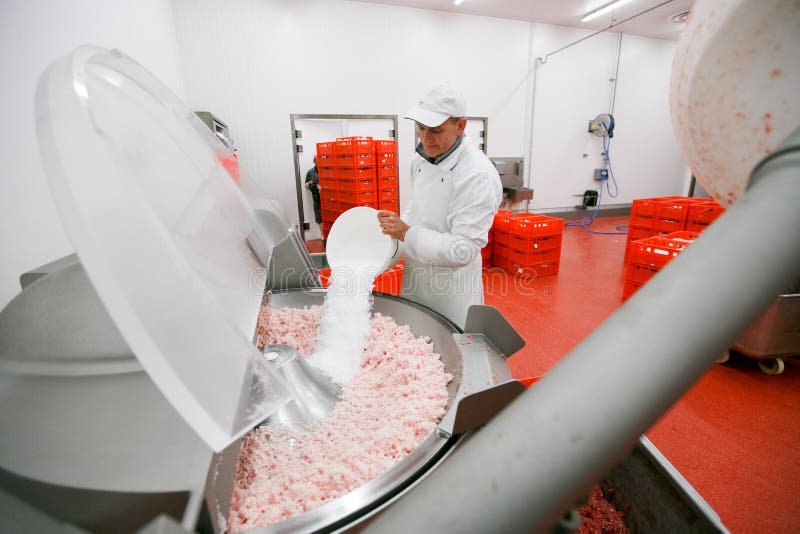 A Worker at the Meat Processing Factory, Adds Spices To Minced Meat in ...