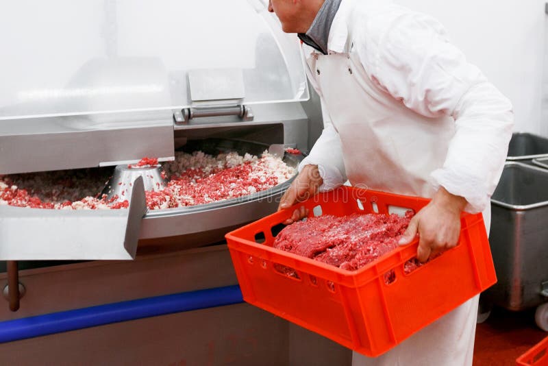 A Worker at the Meat Processing Factory, Adds Spices To Minced Meat in ...