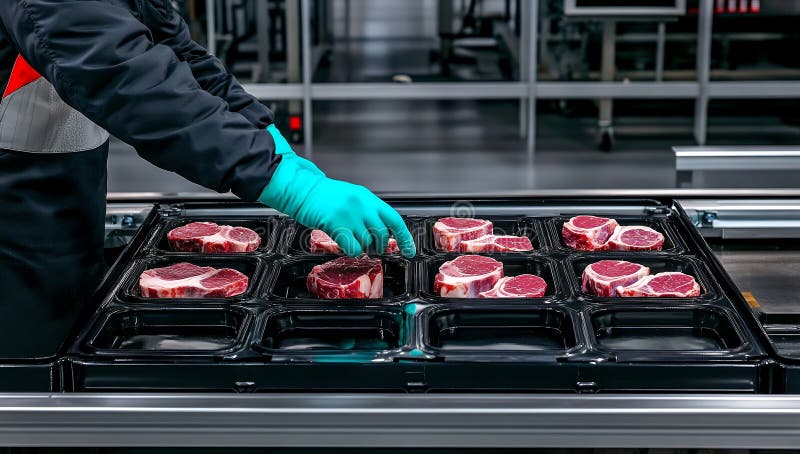A Worker in a Meat Processing Plant Carefully Places Fresh Beef Steaks ...