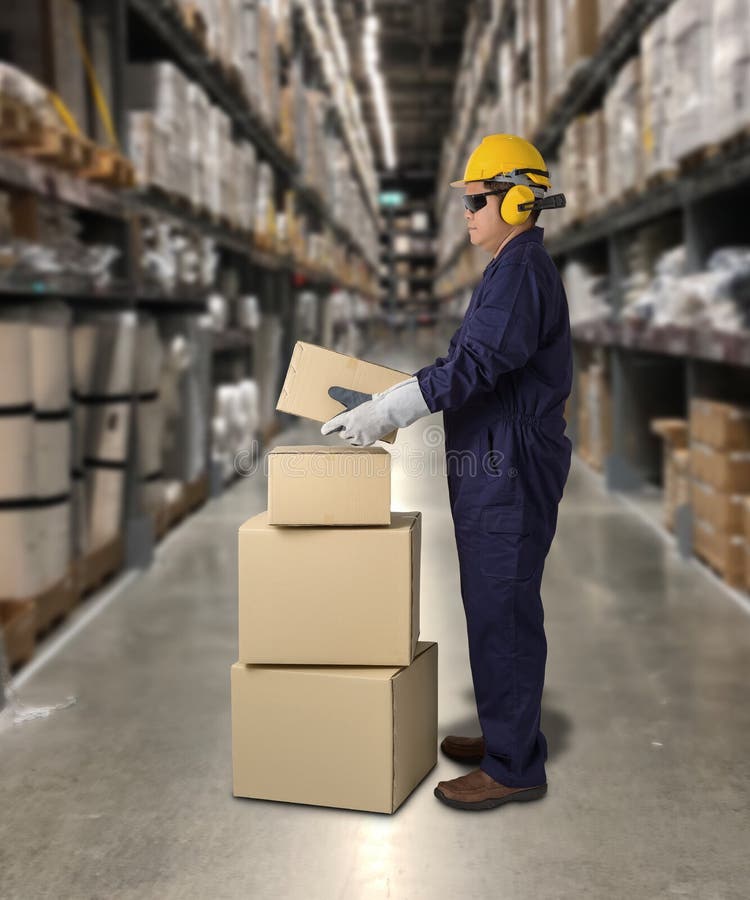 Worker in Mechanic Jumpsuit with Stack of Parcel Boxes Stock Image ...