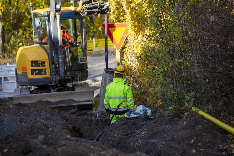 Worker Men As a Team with Excavator Stock Photo - Image of background ...
