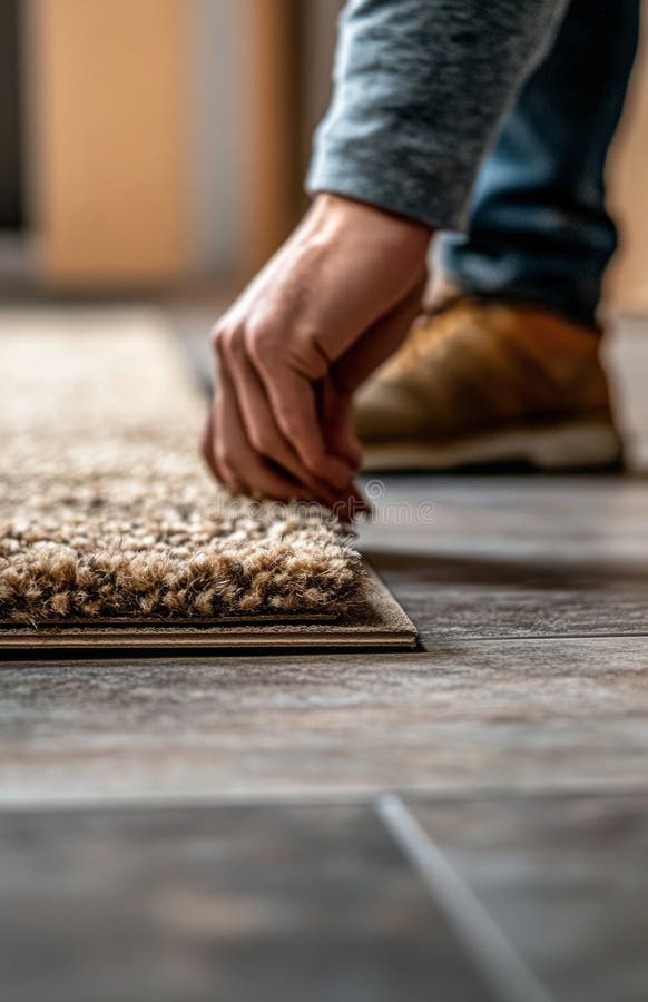 Worker Carefully Laying Flooring Tile beside Rolled-Out Rug Stock Photo ...