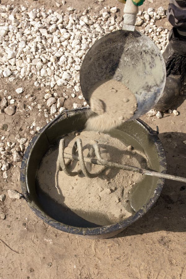The Worker Mixes the Concrete Mixture at the Construction Site Stock ...